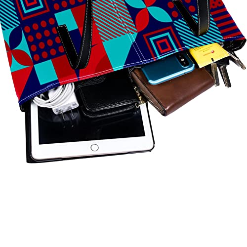 Colorful Geometric Tote Bag for Women Girls, Leather Shoulder Bag with Inside Pockets, Zip Top Handbags