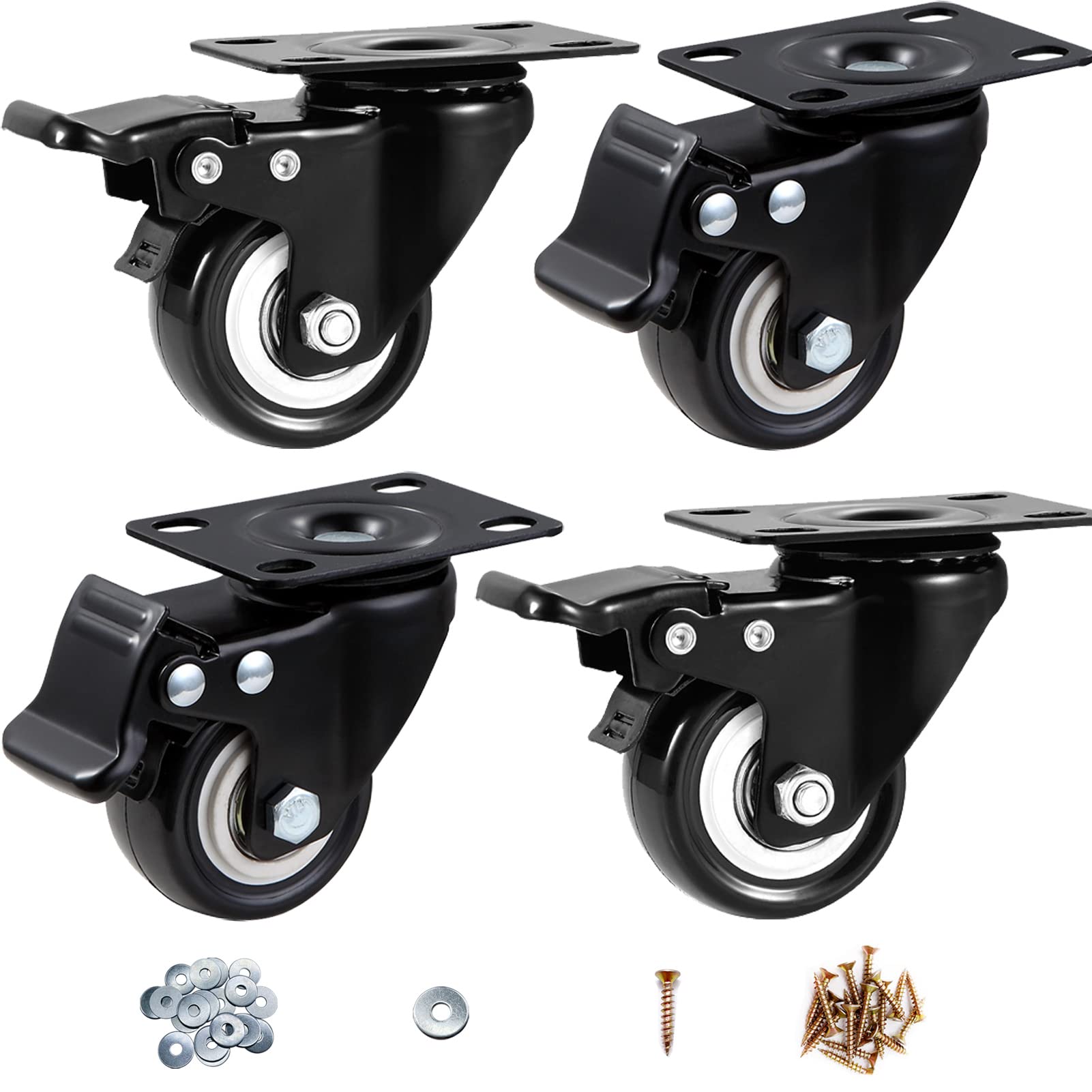 Casters, 2" Caster Wheels,Casters Set of 4 Heavy Duty - ASRINIEY Black Polyurethane Castors, Top Plate Swivel Wheels, 4-Pack Industrial Casters with Brake, Locking Casters for Furniture and Workbench