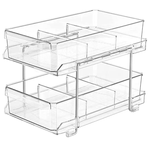 DYFAIS 2 Tier Clear Organizer with Dividers, Multi-Purpose Slide-Out Storage Container, Kitchen Pantry Medicine Cabniet Bins, Bathroom Vanity Counter Organizing Tray, Under Sink Closet Organization