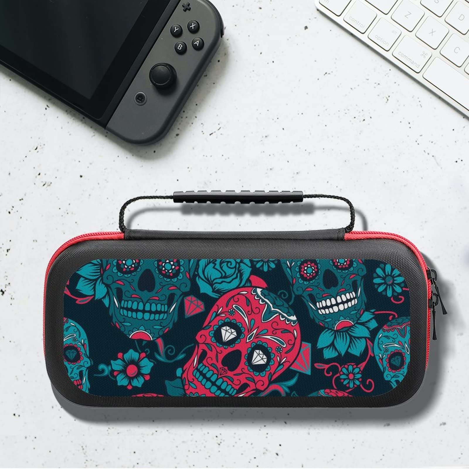 Colorful Sugar Skulls with Floral Switch Carrying Case Protective Hard Shell Portable Travel Pouch with 20 Game Cartridge