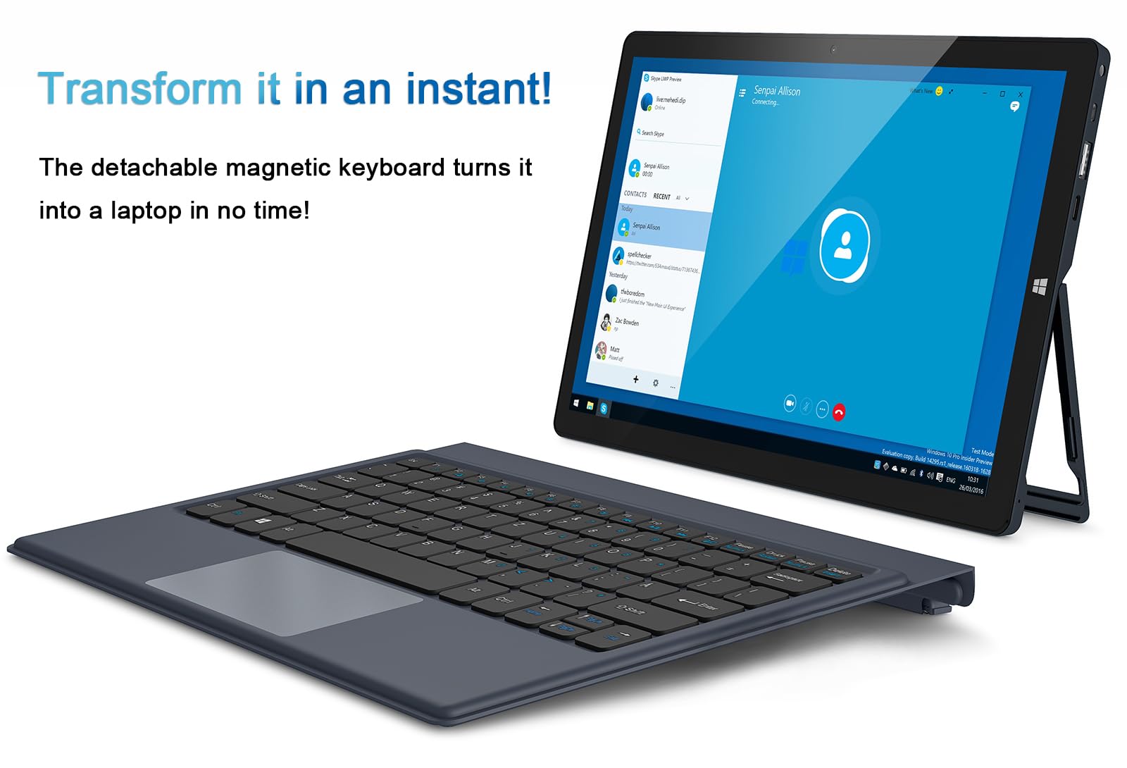 AWOW Detachable 2 in 1 Laptop Touchscreen Windows 11, 8GB RAM 256GB SSD, 10.1" Tablet with Keyboard, Intel Celeron N4120 2.6GHz, 2.4G+5G WiFi, Bluetooth, USB3.0, HDMI, Dual Camera