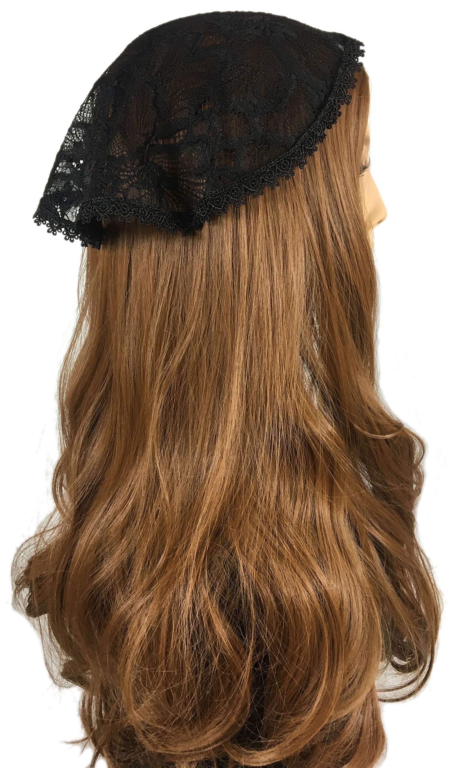 PAMOR Chapel Cap Veil Floral Lace Mantilla Inspired Circle Round Head Covering (Black)