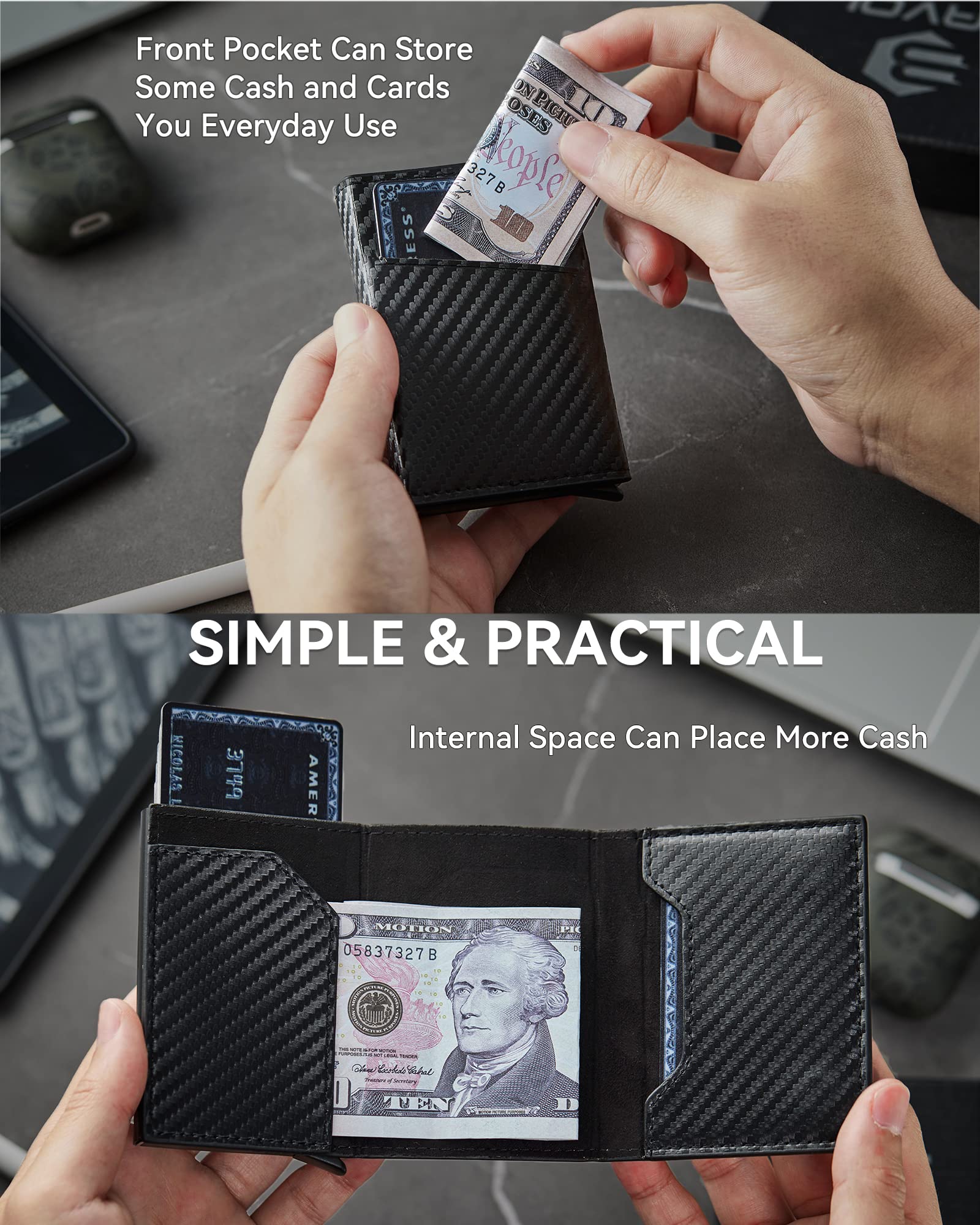 BIAVOI Pop Up Wallet for Men Slim Card Wallet RFID Blocking Card Case Card Holder Up to 10 Cards (Carbon Fiber Leather)
