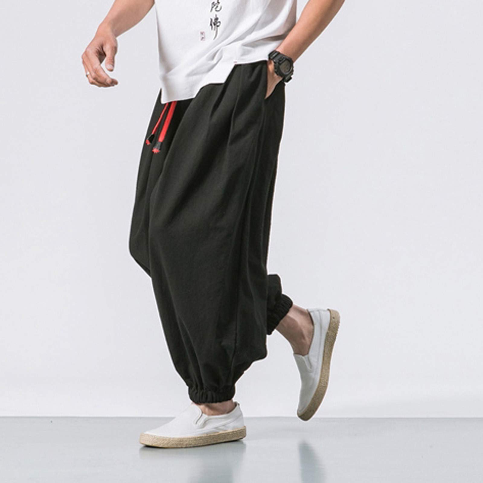 Casual Baggy Harem Pants for Men Trendy Oversized Drawstring Cotton Linen Boho Yoga Pants with Pockets Joggers Sweatpants Black