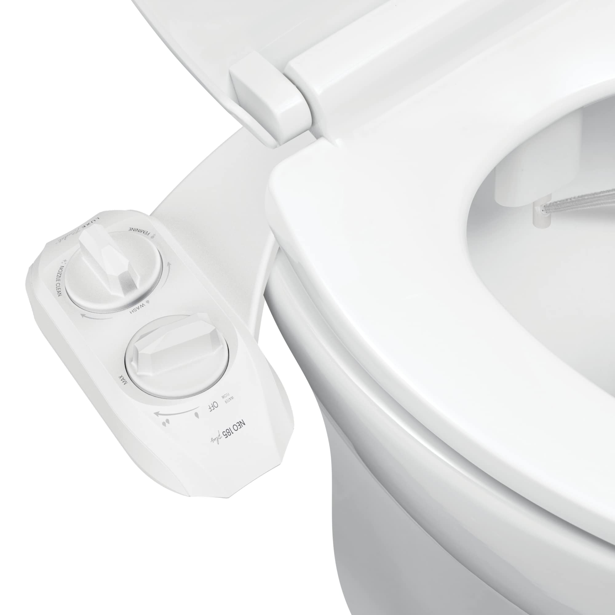 LUXE Bidet NEO 185 Plus - Only Patented Bidet Attachment for Toilet Seat, Innovative Hinges to Clean, Slide-in Easy Install, Advanced 360° Self-Clean, Dual Nozzles, Feminine & Rear Wash (White)