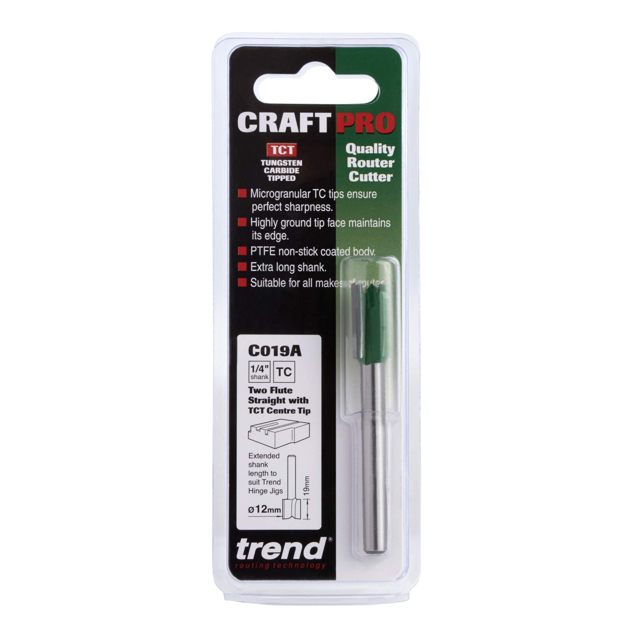 Trend CraftPro Straight Two Flute Router Cutter Bit, 1/4 Inch Shank, 15/32" Cut Diameter & 3/4" Cut Length, Tungsten Carbide Tipped, C019AX1/4TC