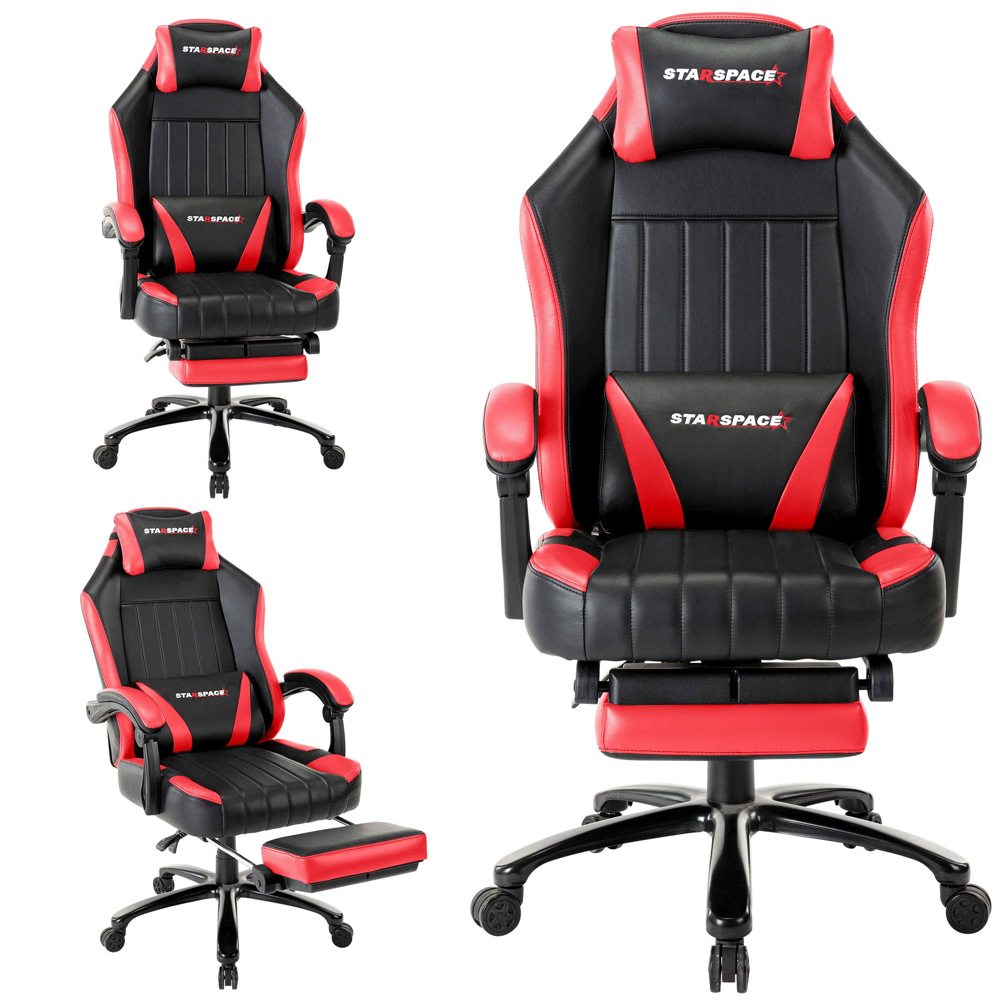 Big & Tall 350lb Memory Foam Reclining Gaming Chair Metal Base - Adjustable Back Angle and Retractable Footrest Ergonomic High-Back Racing Executive Computer Desk Office Chair (Blue)