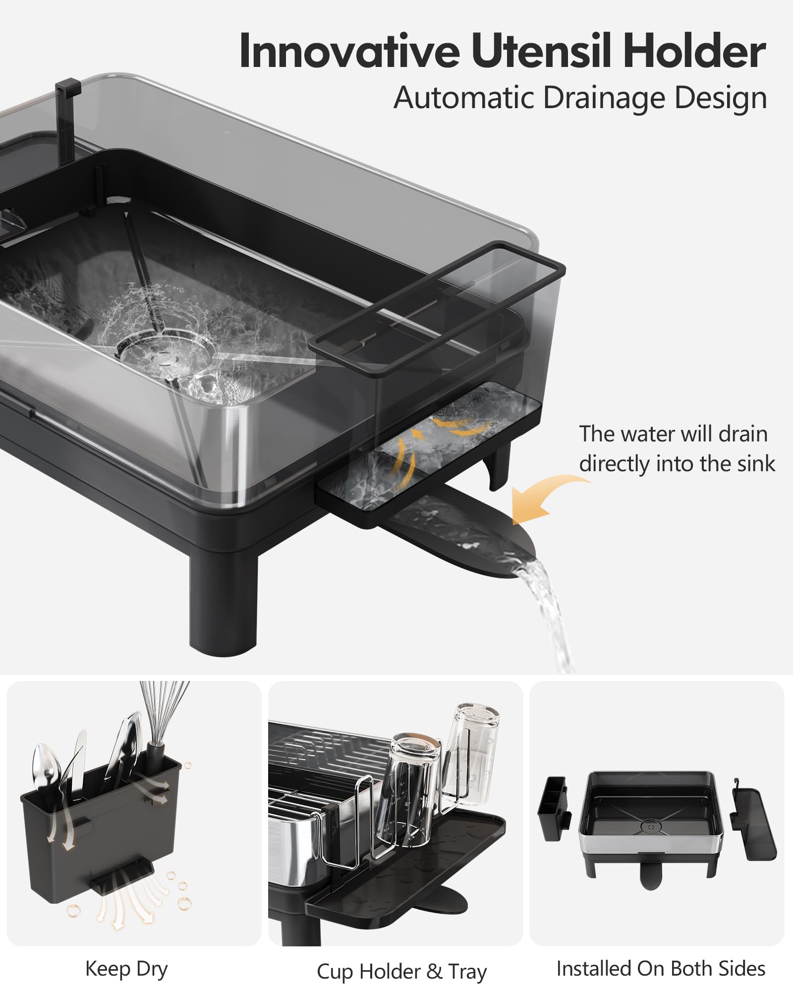 BOOSINY Dish Drying Rack, 2 Tier Dish Racks for Kitchen Counter with Utensil Holder, Dish Drainer and Darinboard Set with Cup Holder, Cutting-Board Holder and Drying Mat (Black)