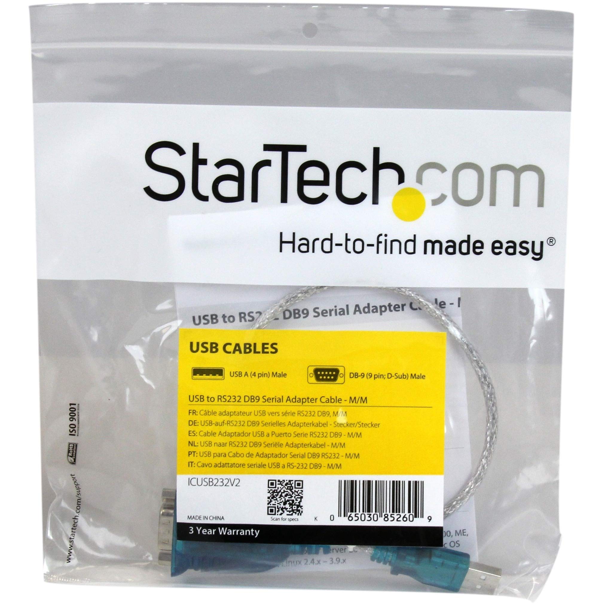 StarTech.com 17in (43cm) 1-Port USB to RS232 DB9 Serial Adapter Cable, USB to Serial Adapter Cable - M/M