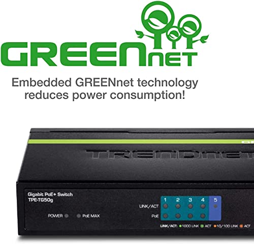 TRENDnet 5-Port Gigabit PoE+ Switch, 31 W PoE Budget, 10 Gbps Switching Capacity, Data & Power Through Ethernet to PoE Access Points and IP Cameras, Full & Half Duplex, Black, TPE-TG50g