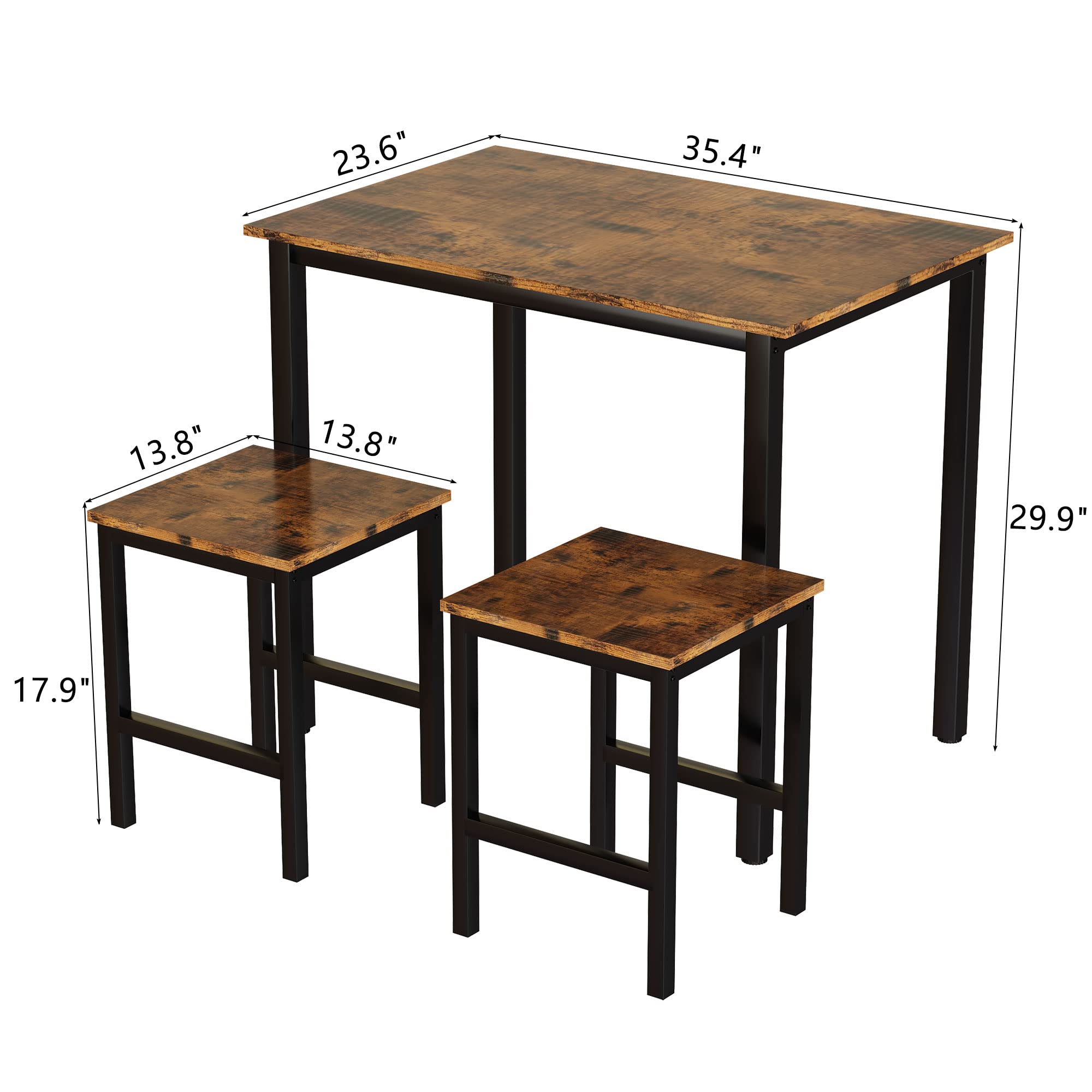 AWQM 3 Piece Dining Set, Small Dining Table and 2 Stools, Kitchen Breakfast Dining Table Set, Breakfast Table of 35.43 x 23.62 x 29.92 inches, Stools of 13.8 x 13.8 x 17.8 inches, Rustic Brown
