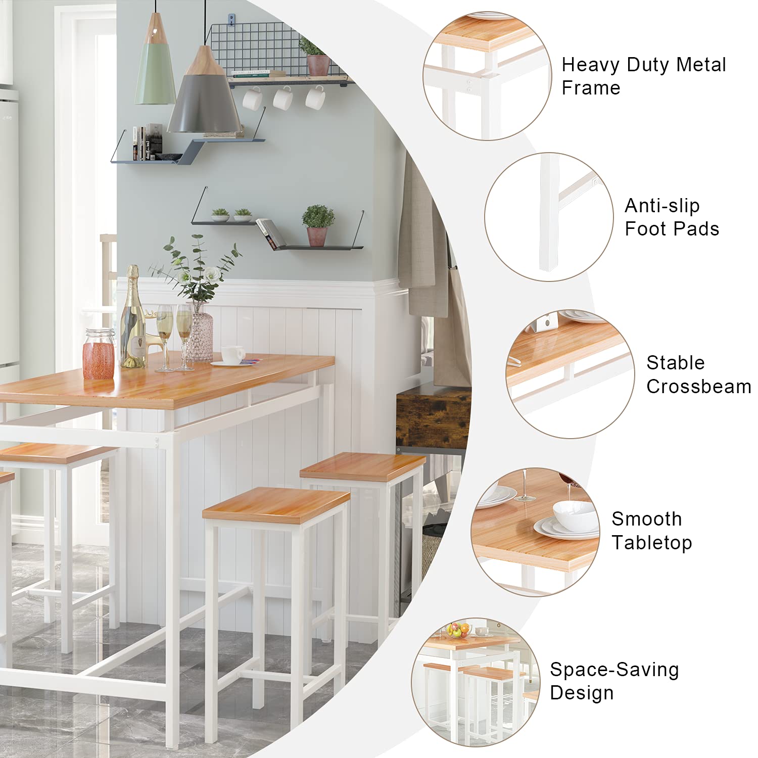 AWQM Bar Table and Chairs Set Modern Counter Height Pub Table with 4 Chairs 5 Pieces Dining Table Set Home Kitchen Breakfast Table Perfect for Bar, Breakfast Nook and Kitchen, Oak