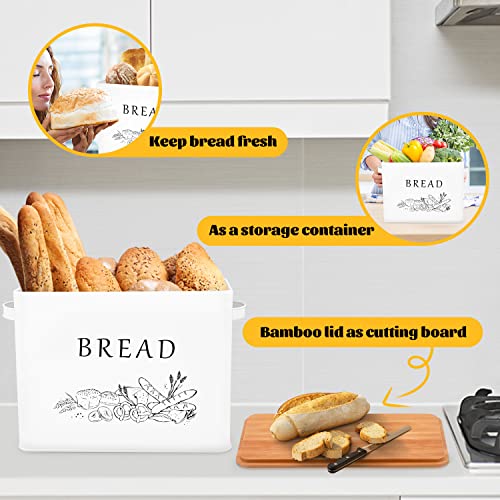 E-far Bread Box for Kitchen Countertop, Metal Bread Storage Container Bin with Bamboo Lid for Cutting Bread, Extra Large & Farmhouse Style, 13β x 7.2β x9.8β, White