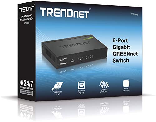 TRENDnet 8-Port Gigabit GREENnet Switch, Ethernet Network Switch, TEG-S82G, 8 x 10-100-1000 Mbps Gigabit Ethernet Ports, Ethernet Splitter, 16 Gbps, Metal, Lifetime Protection, Black