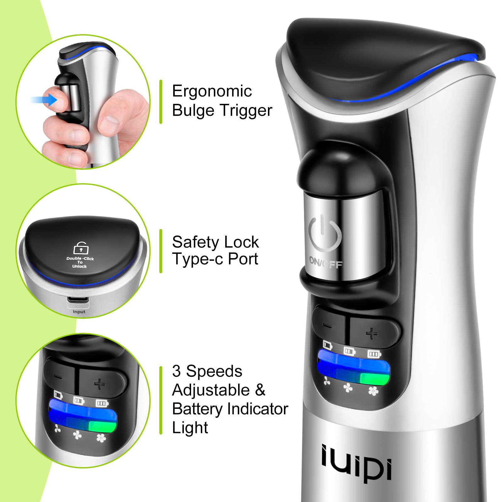 Cordless Immersion Blender, IUIPI Variable Speed Immersion Blender Handheld, Rechargeable Portable Stick Blender and 800ml Cup with 304 Stainless Steel Blade for Sauce, Soup, Smoothie, Baby Food