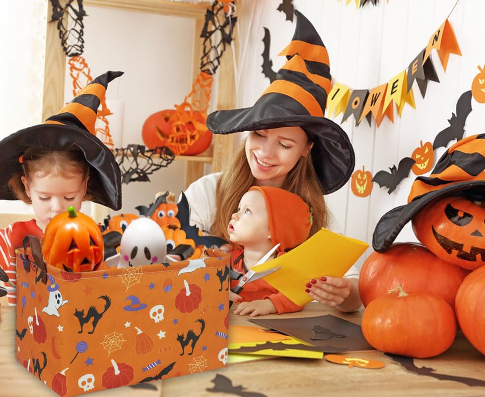 DDBASKET Halloween Basket Pumpkin Halloween Baskets for Kids Trick or Treat Basket Rectangular Toy Storage Bin Organizer Box Room Decor for Halloween Parties(Candy Pumpkin)