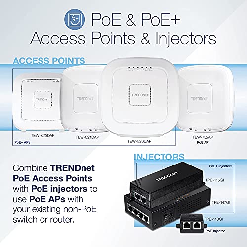 TRENDnet Gigabit Power Over Ethernet Plus Injector, PoE+ (30W) Power Network Distances Up to 100M (328 ft.), Black, TPE-115GI (Pack of 1)