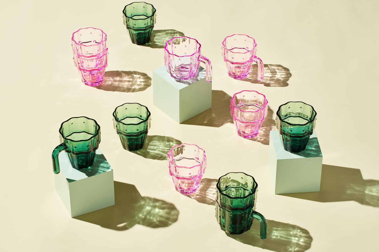 Cactus Stackable Glasses, Stacktus Gifts, Set of 6-10 oz Cactus Shape Glasses With Handles Green Glass Blown Figurines Plant Decorations for Parties 5" H 5" W - Copyright Design, Patent Pending