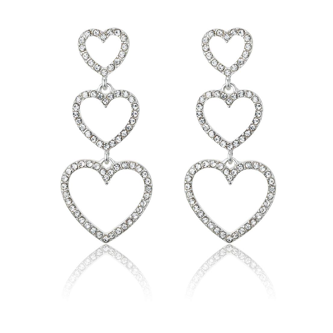 RareLove Bling CZ Crystal Interlocking Three Heart Hollow Dangle Stud Piercing Earrings For Women Silver Plated Alloy Valentines Gift For Her