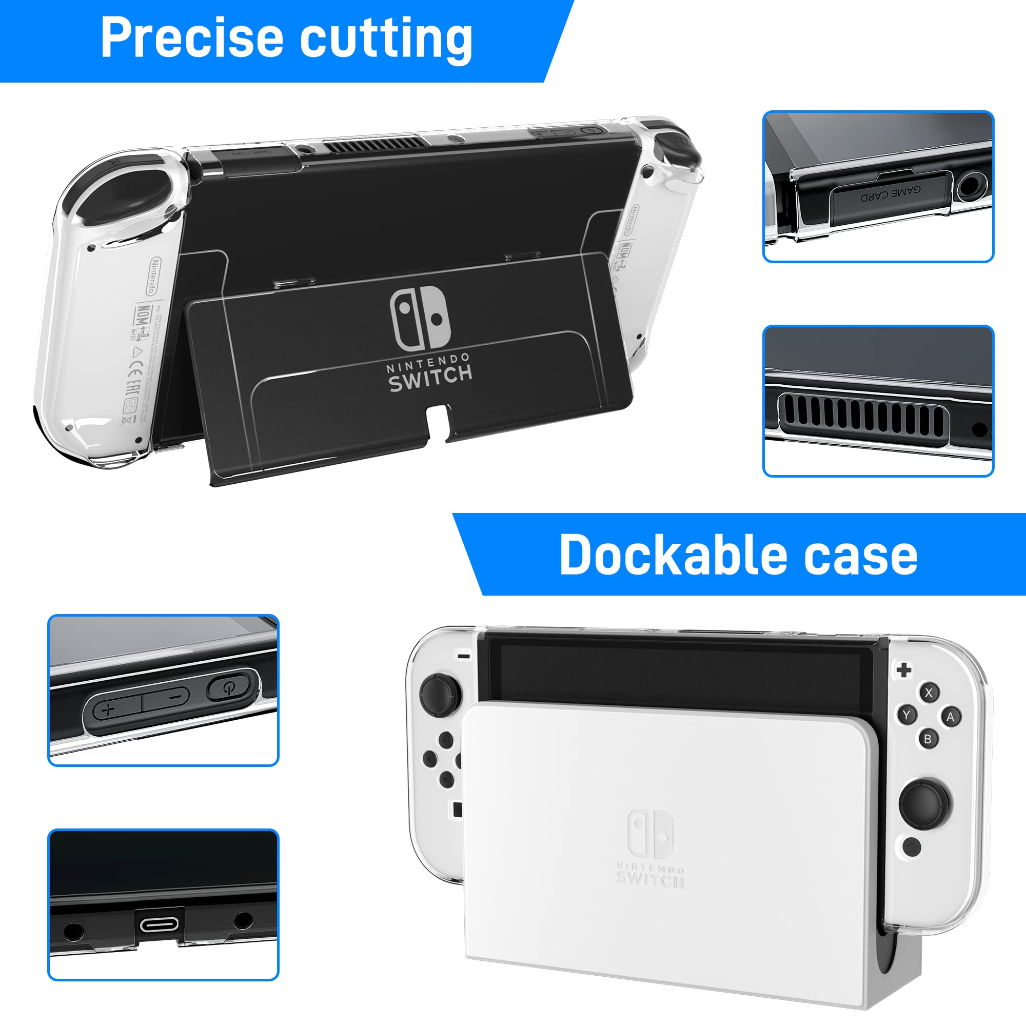 RHOTALL 3 in 1 Transparent Case for Nintendo Switch OLED, Clear Dockable Shell Compatible with Switch OLED and Joycon Controller, Comfort Grip Case with Shock-Absorption and Anti-Scratch Design