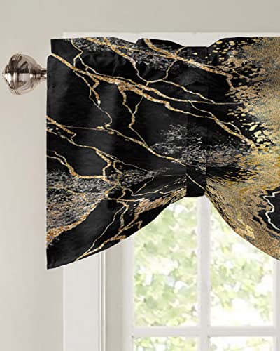 SIGOUYI Kitchen Curtains, Black White Gold Marble Valances for Windows, Short Curtains Rod Pocket Bathroom Curtains Window, Kitchen Window Curtains Over Sink, 42x12in Valances for Kitchen