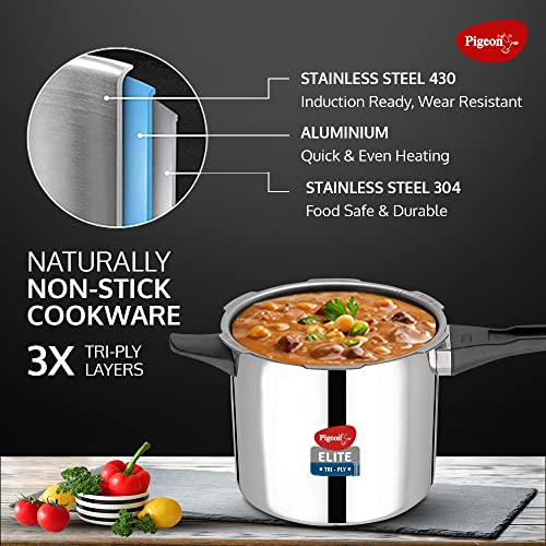 Pigeon Elite Tri-Ply Stainless Steel Body Outer Lid Pressure Cooker Induction and Gas Stove Compatible 3 L - Silver