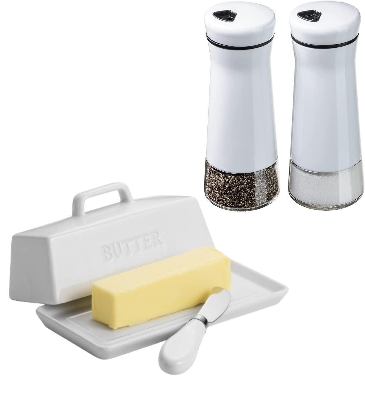 Butter dish set N salt and pepper shaker set Bundle [White]