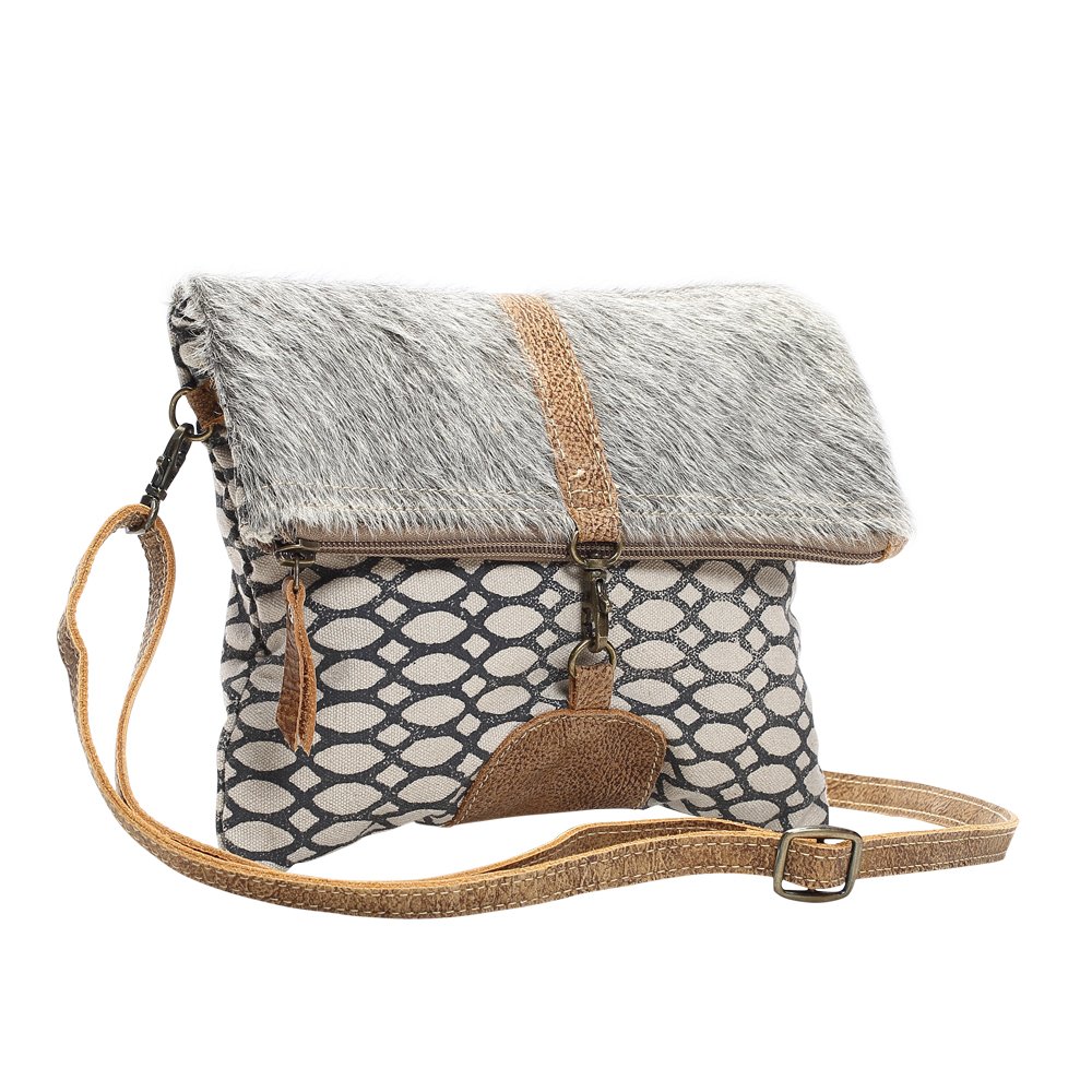 Myra Bag Foldover Cowhide & Upcycled Canvas Crossbody Bag S-1154, Brown, One Size