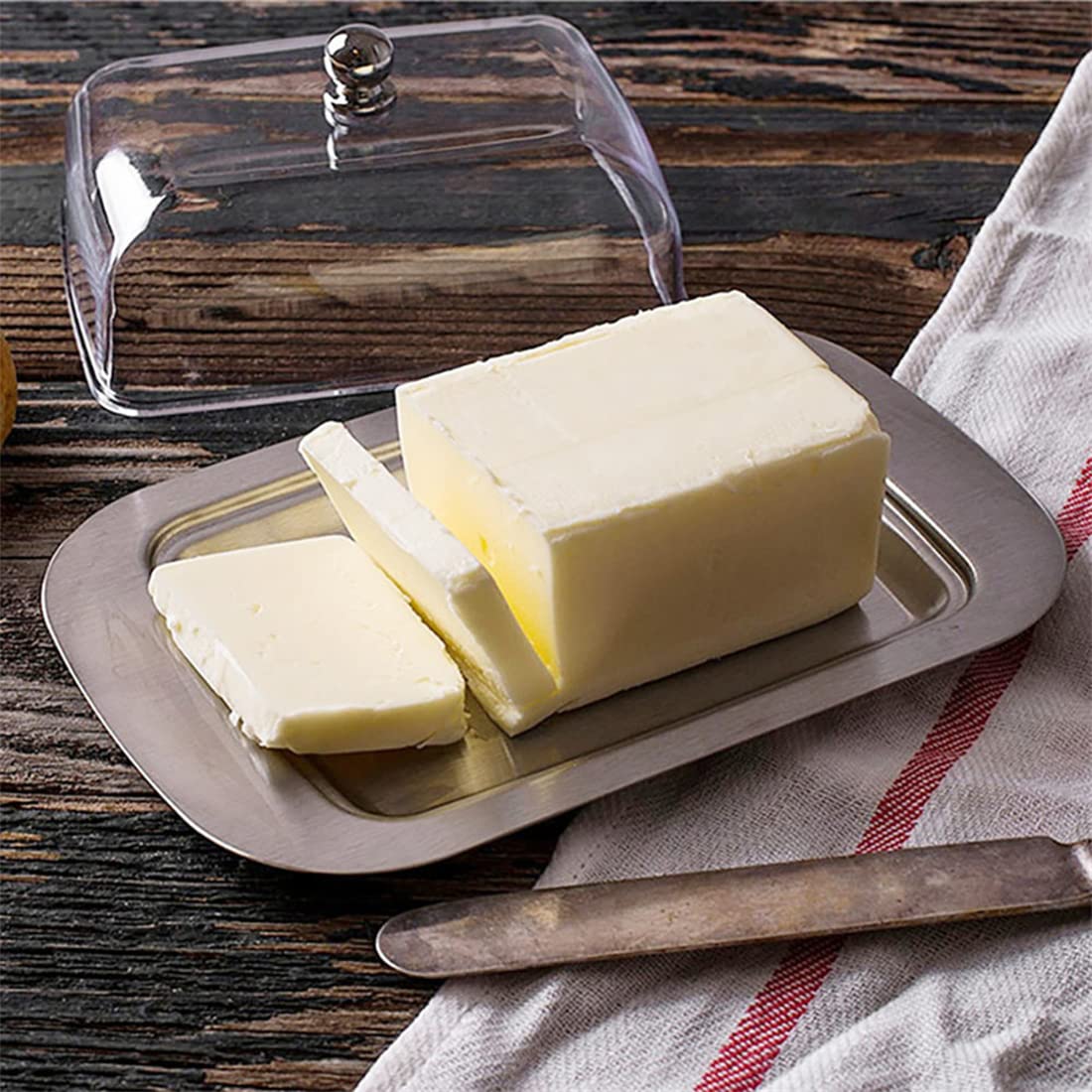 Butter Dish with Lid, Butter Keeper Container with Clear Detachable Lid for Countertop, Unbreakable Stainless Steel Butter Dish Holder, Keep Butter Fresh, Butter Keeper Tray for Home, Camping