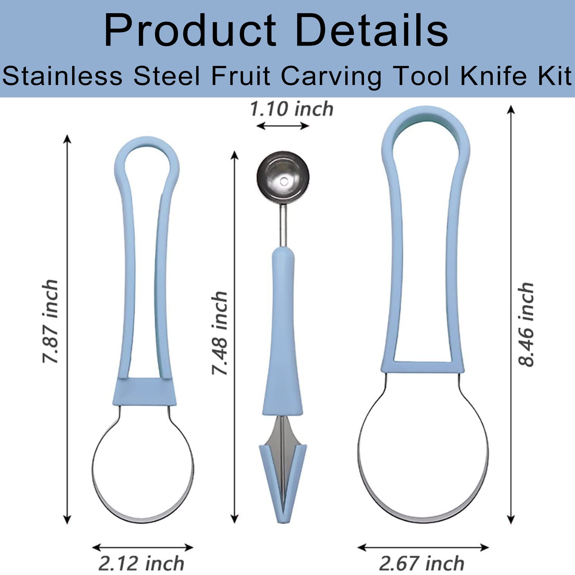 JTDEAL Melon Ball Scoop Set, Multifunctional 4 in 1 Stainless Steel Fruit Carving Tool Knife Set, Fruit Platter Carving Fruit Plate Small Tool, Cantaloupe Watermelon Ball Scoop (blue)