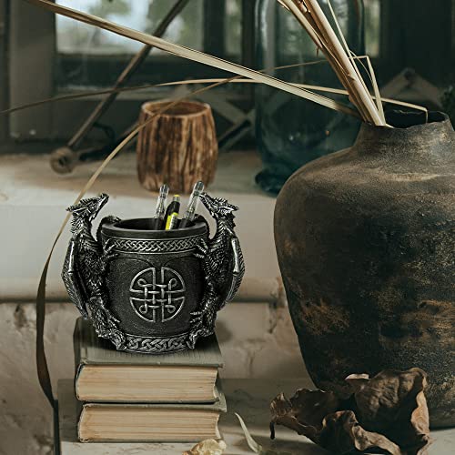 DWK - Literary Beasts - Twin Double Dragon Celtic Gothic Pen Pencil Desk Organizer Makeup Brush Holder Art Supply Caddy Home Office Accent Storage Accessory, Antique Silver Pewter, 6.5-inch