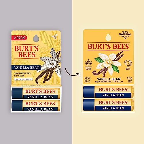 Burt's Bees Lip Balm Mothers Day Gifts for Mom - Vanilla Bean, Lip Moisturizer With Responsibly Sourced Beeswax, Tint-Free, Natural Conditioning Lip Treatment, 2 Tubes, 0.15 oz.