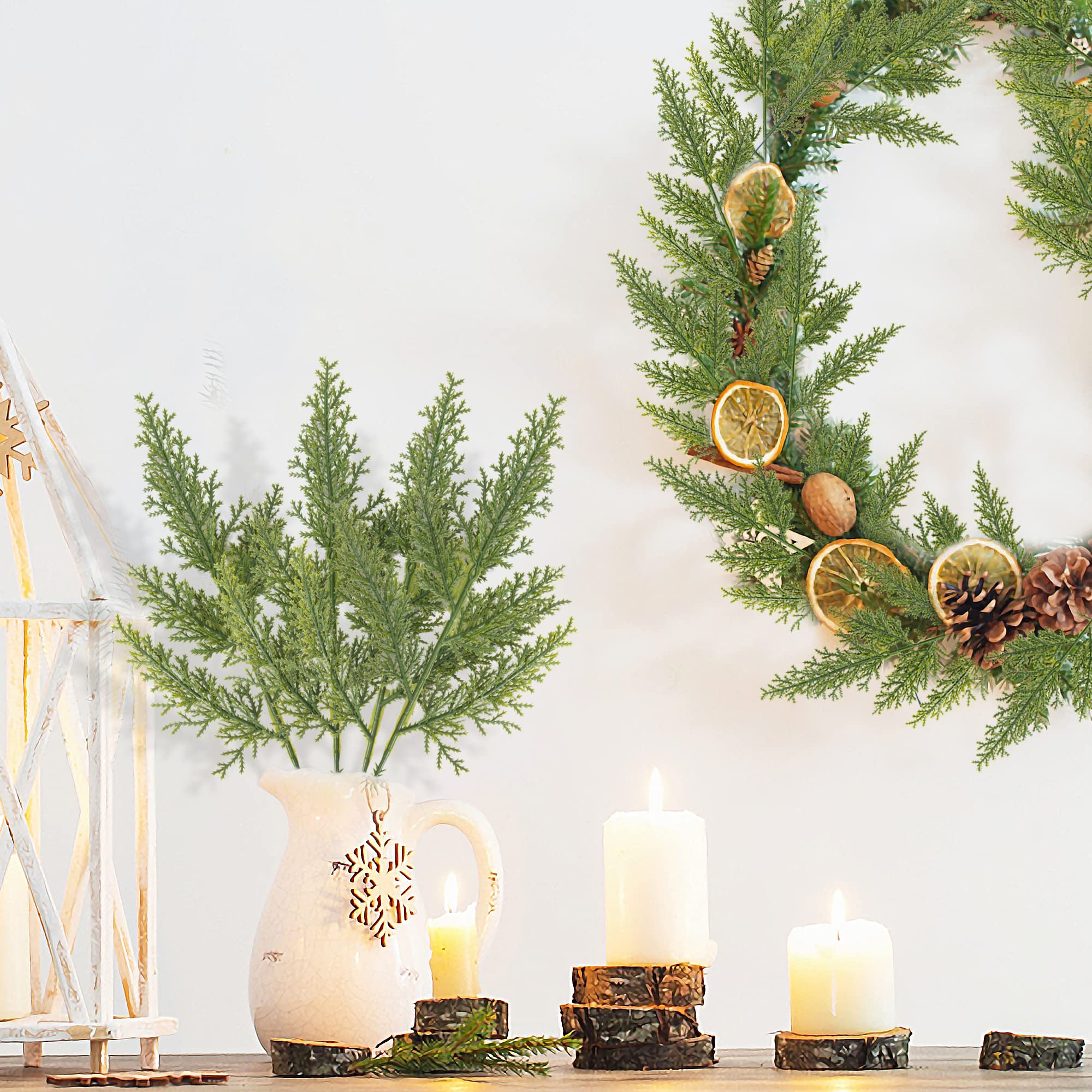 Watayo 40 PCS Artificial Faux Cedar Branches-12.5 Inch Artificial Green Cedar Sprigs-Faux Cedar Pine Stems Picks for DIY Garland Wreath Christmas Embellishing and Home Garden Decoration