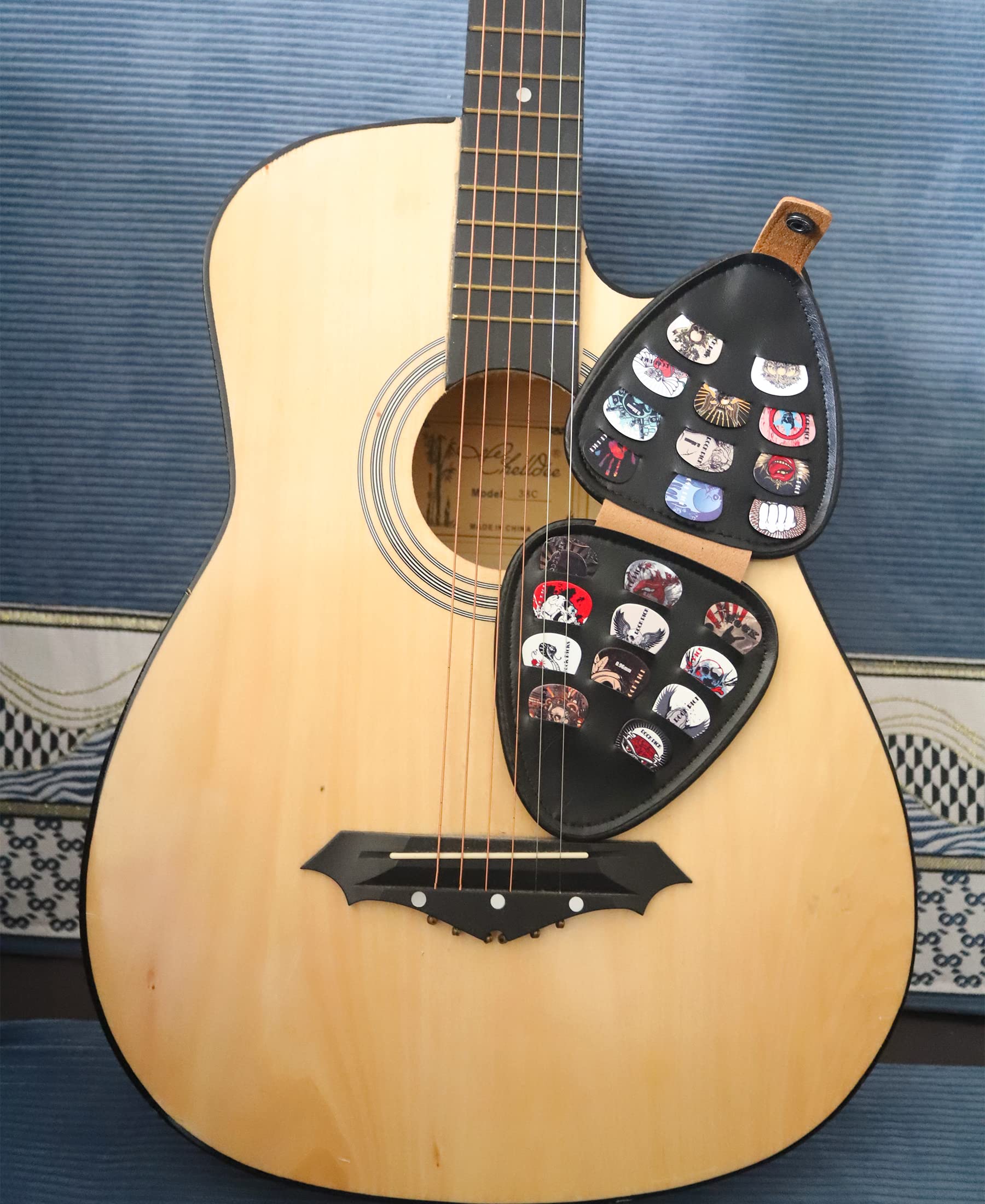 RAUYIVANY Guitar Pick Holder Case with 22 Picks, inner-outer layer Pure Leather for Storage 22 Slots Various Thickness Picks Pouch. Guitarist Gift