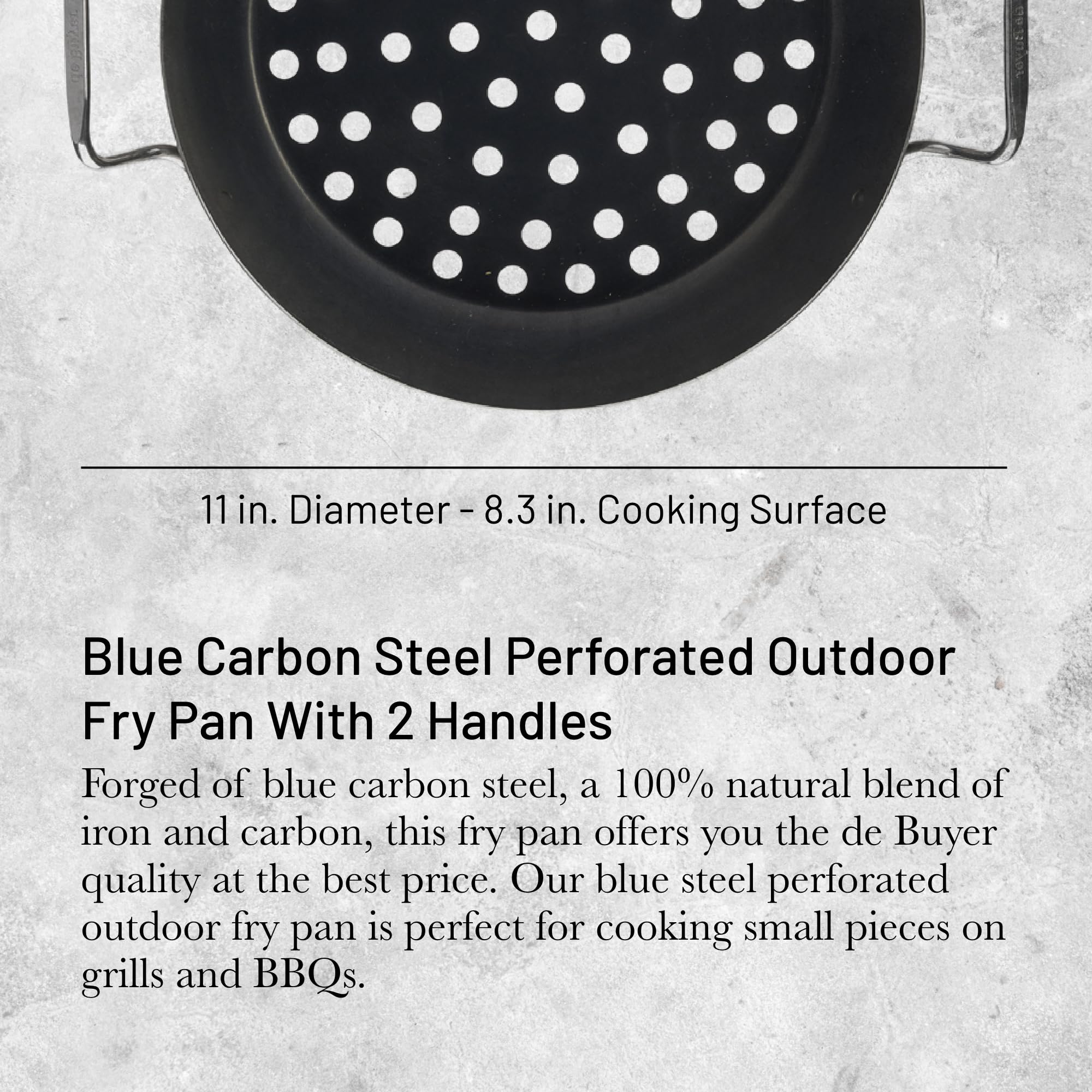 De Buyer Blue Carbon Steel Perforated Outdoor Fry Pan With 2 Handles - 2mm Thick - 11β Diameter, 8.3β Cooking Surface - Oven Safe - Naturally Nonstick - Made in France
