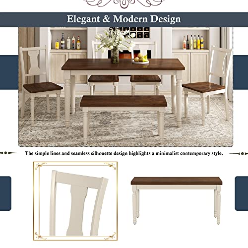 KELRIA Classic 6-Piece Dining Set with Elegant & Modern Design, Including Wooden Table and 4 Chairs and 1 Bench, Easy to Assemble, for Kitchen, Playroom, Home Bar, Brown+Cottage White