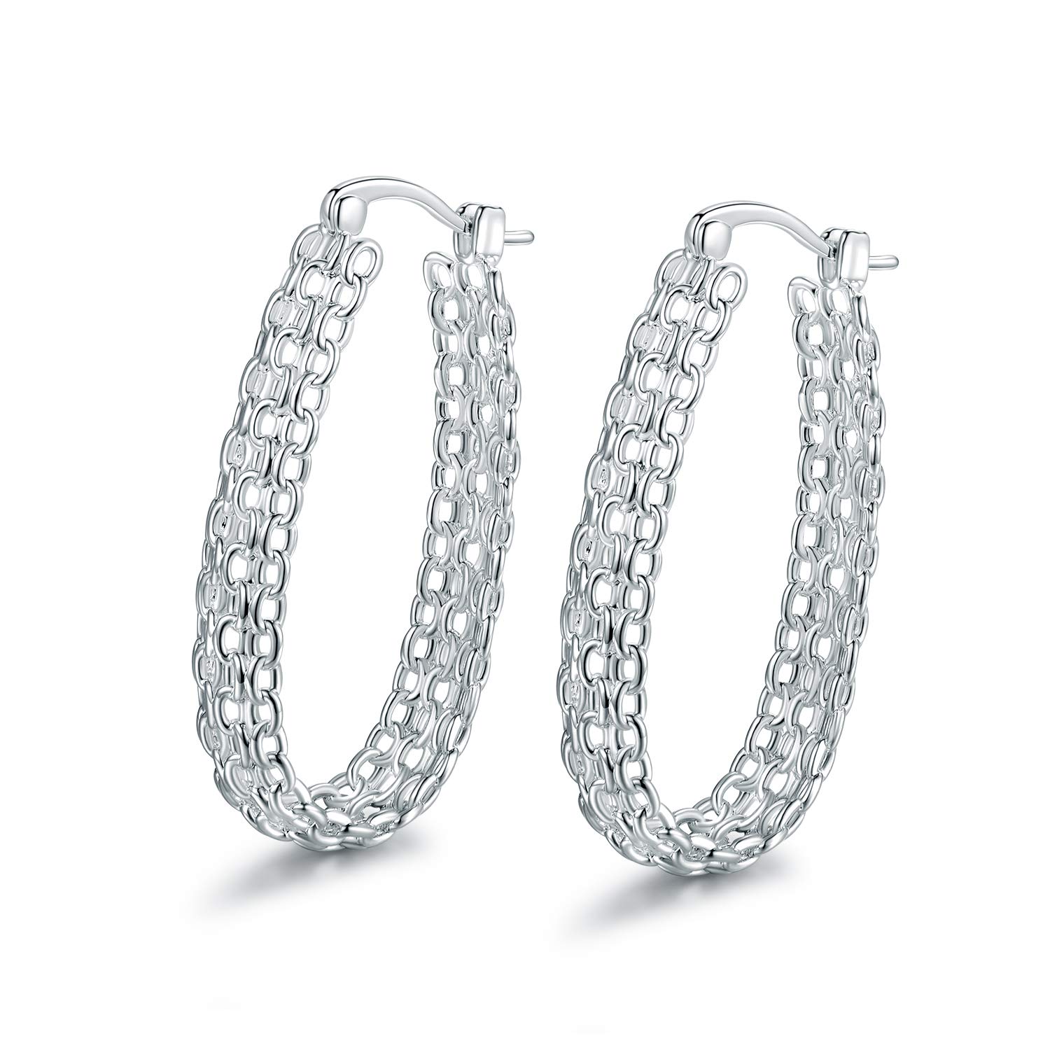 Barzel 18K Gold Plated Filigree Link Hoop Earrings (Silver)