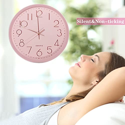 JUSTUP Round Wall Clock, 12 Inch Pink Large Wall Clock for Bedroom, Quality Quartz Modern Silent Clock with Battery Operated, Arabic Quiet Wall Clock Decor for Home Kitchen Living Room Office (Pink)
