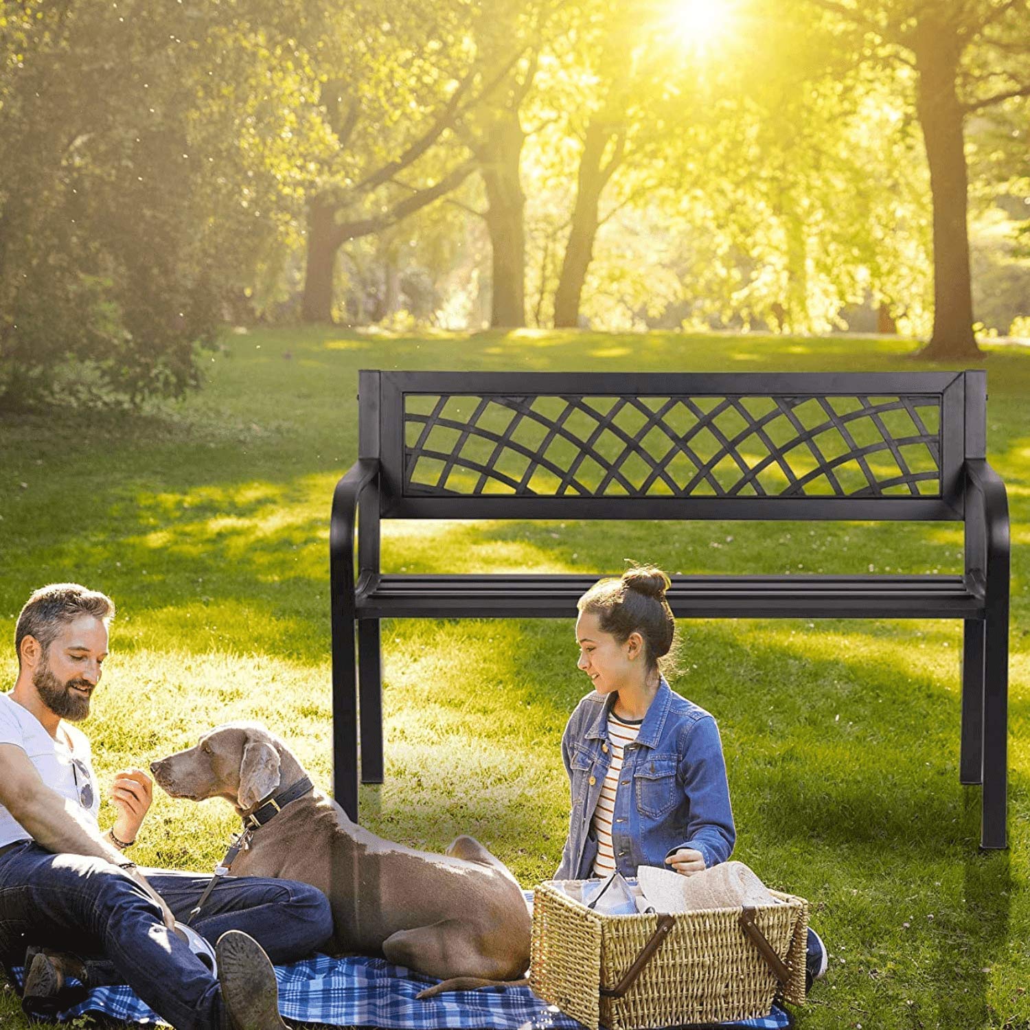 HomeClever Metal Garden Park Bench, 45.5inch Powder Coated Cast Iron PVC Mesh Pattern Design Patio Bench w/Armrests Sturdy Steel Frame, Outside for Front Porch Path Yard Lawn Deck Furniture, Black