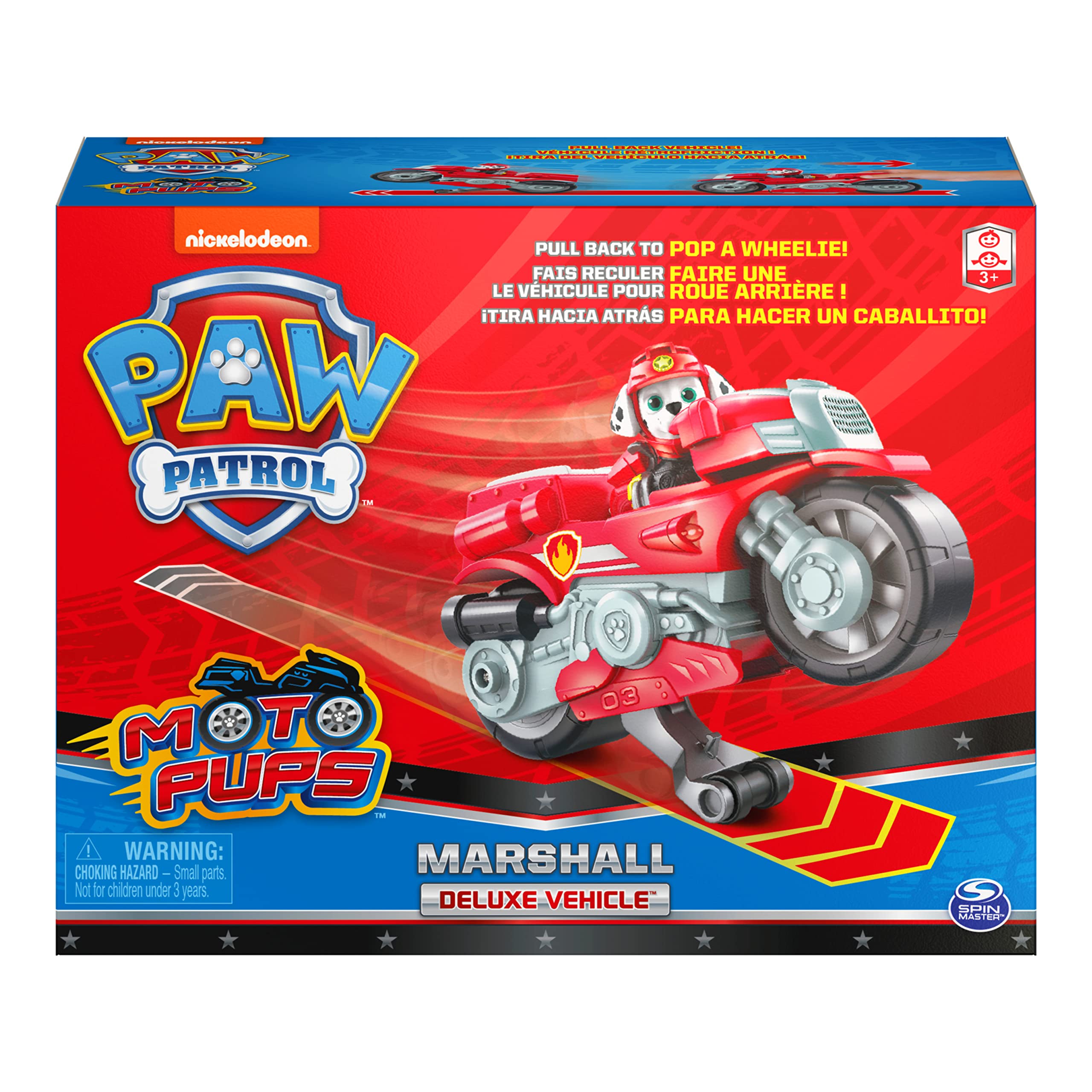 Paw Patrol, Moto Pups Marshall’s Deluxe Pull Back Motorcycle Vehicle with Wheelie Feature and Toy Figure