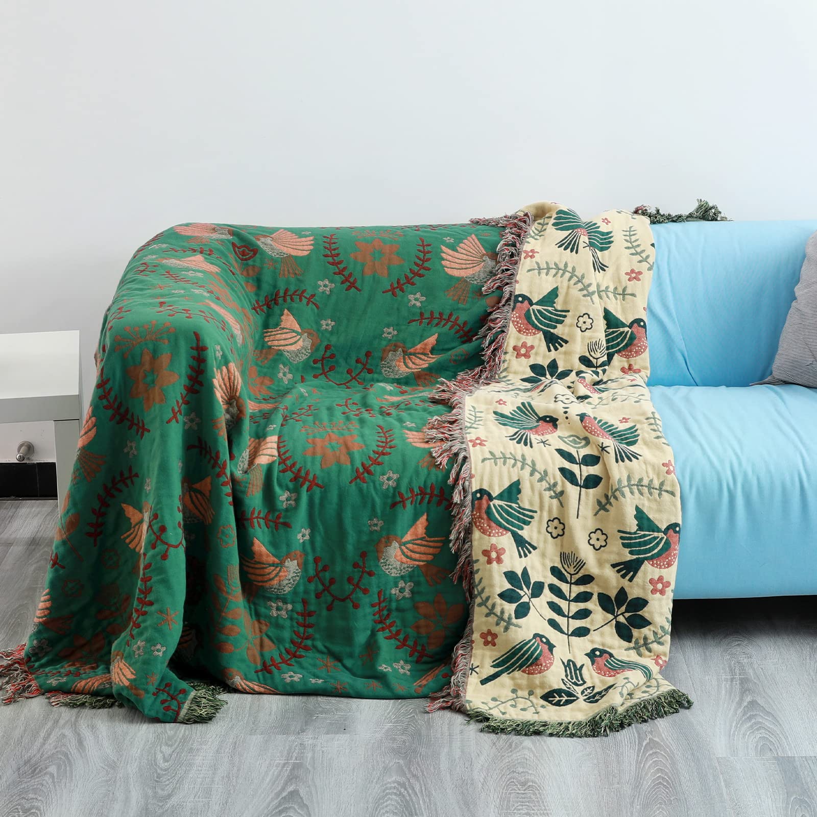 Bohemian Throw Blanket, MODUSKYE Green Bird Blankets 78 * 90 INCH Cozy Throw Blanket for Bed Chair Couch Sofa Decor