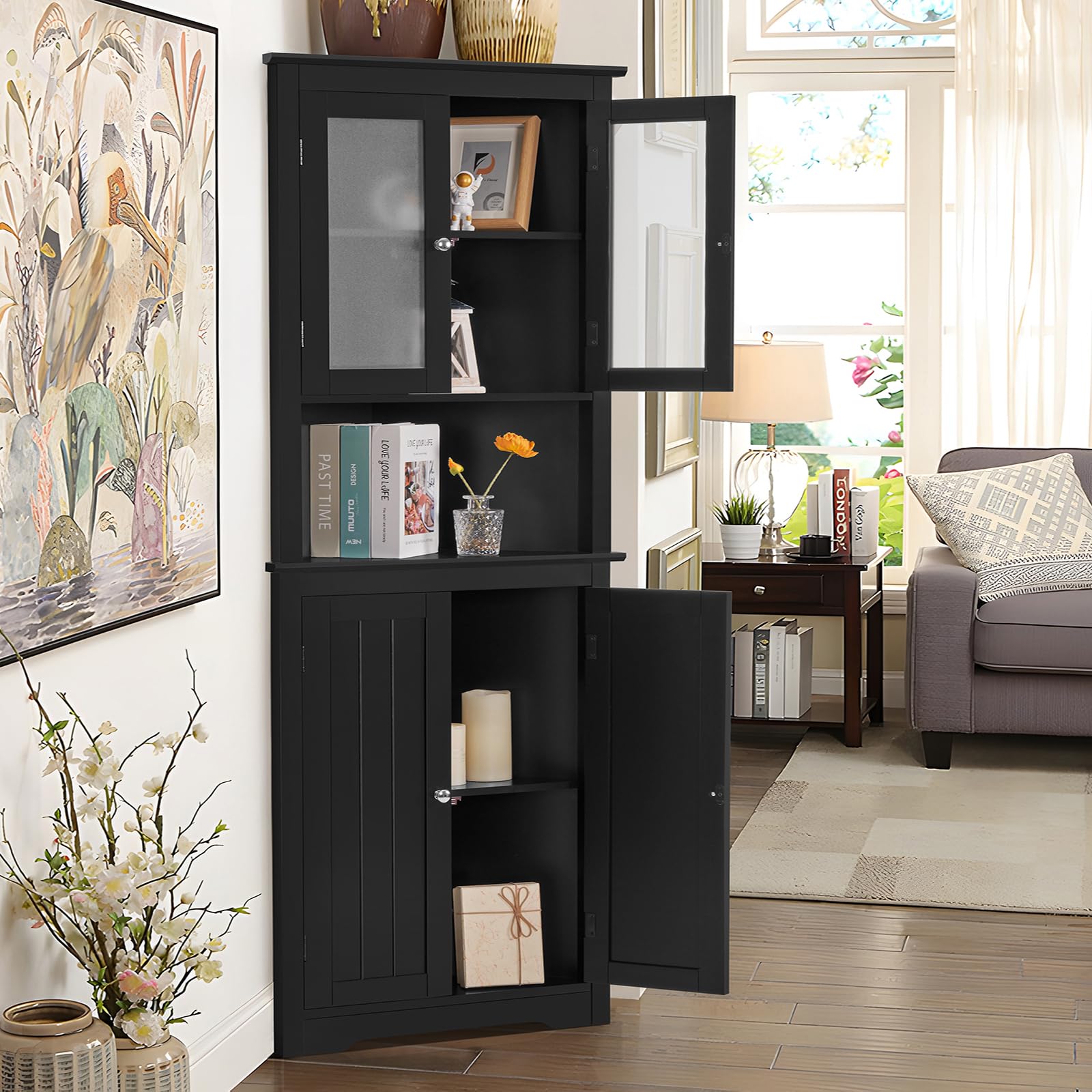 Iwell 63.8" Tall Corner Cabinet with 4 Doors and 5 Storage Shelves, Corner Bathroom Cabinet, Home Space Saver for Bathroom, Living Room, Kitchen, Black