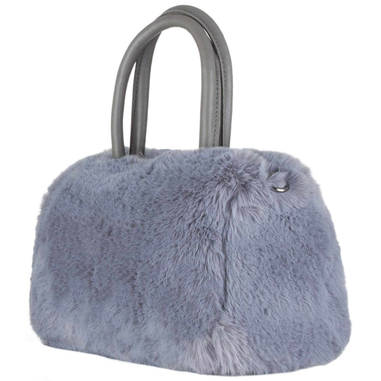 Luxe L 100% Faux Fur Bowler Bag for Women Soft Modern Top-Handle Handbag with Detachable and Adjustable Faux-Leather Strap, Grey
