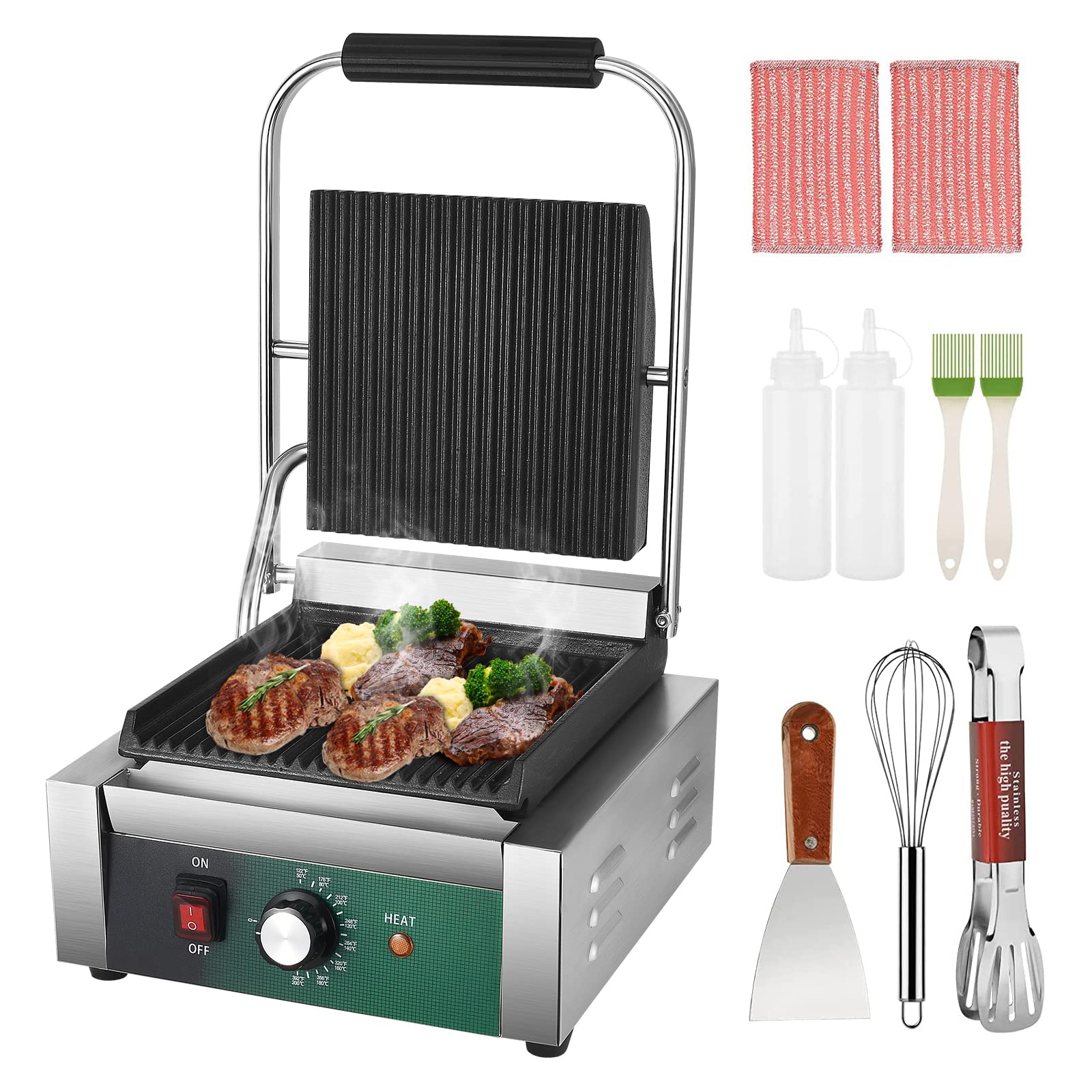 Commercial Panini Press Sandwich Maker, BOEASTER 2200W Cast Iron Sandwich Press 122°F-392°F Panini Grill Non Stick for Hamburgers Steaks Bacons Sandwiches Sausages