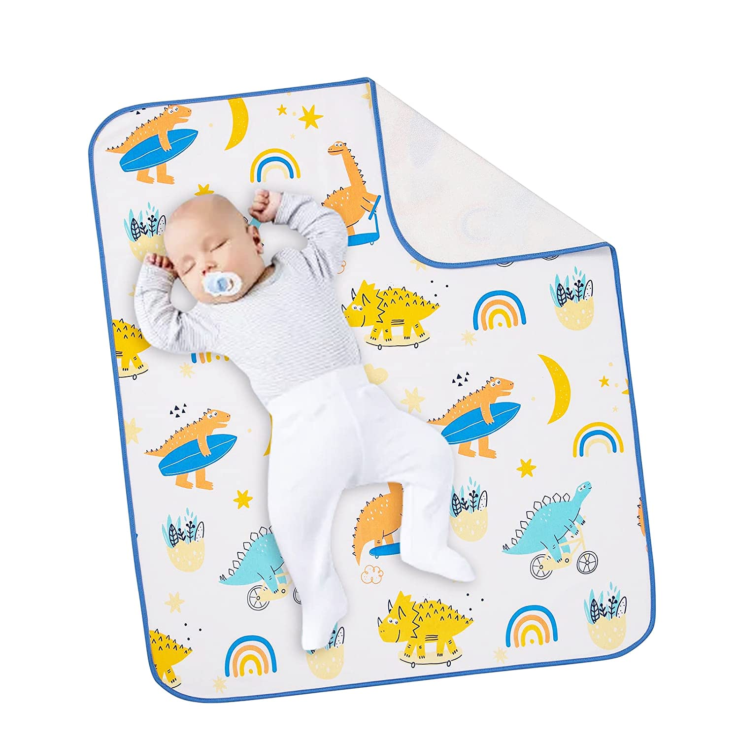 Catteyonce 1-Pack Knitted Diaper Pads Waterproof Breathable Washable Reusable Dinosaur Blue Large Baby Portable Diaper Pad