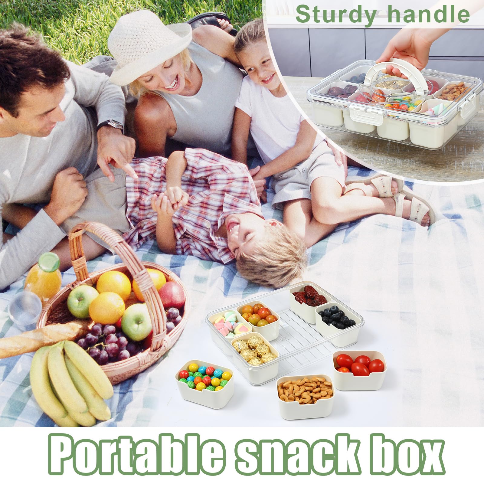 Divided Serving Tray with Lid and Handle, Snack Containers Travel Snackle Box Clear Organizer Food Storage Fresh-keeping Box for Candy Fruits Nuts Snacks, (1 Pack with 8 compartments)