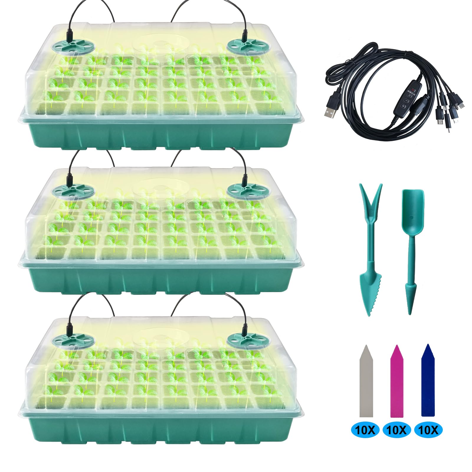Bornfornice Seed Starter Tray with Grow Light, 3 Pack 120 Cells Seed Starter Kit with Timing Controller Adjustable Brightness, Thicken Seedling Starter Trays with Humidity Domes Heightened Lids