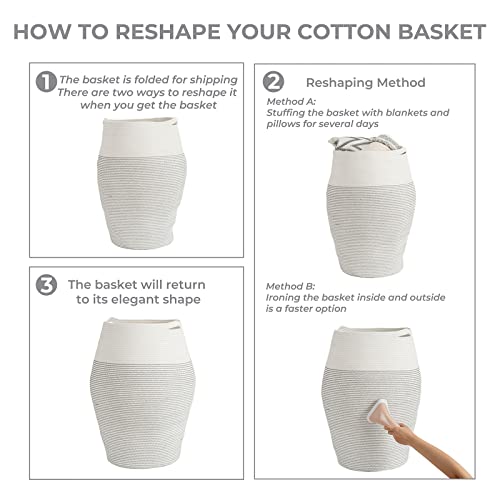 Goodpick Laundry Hamper | Woven Cotton Rope Dirty Clothes Hamper Tall kids Curve Laundry Basket Large, (White, 25.6 x 17.71 Inch)