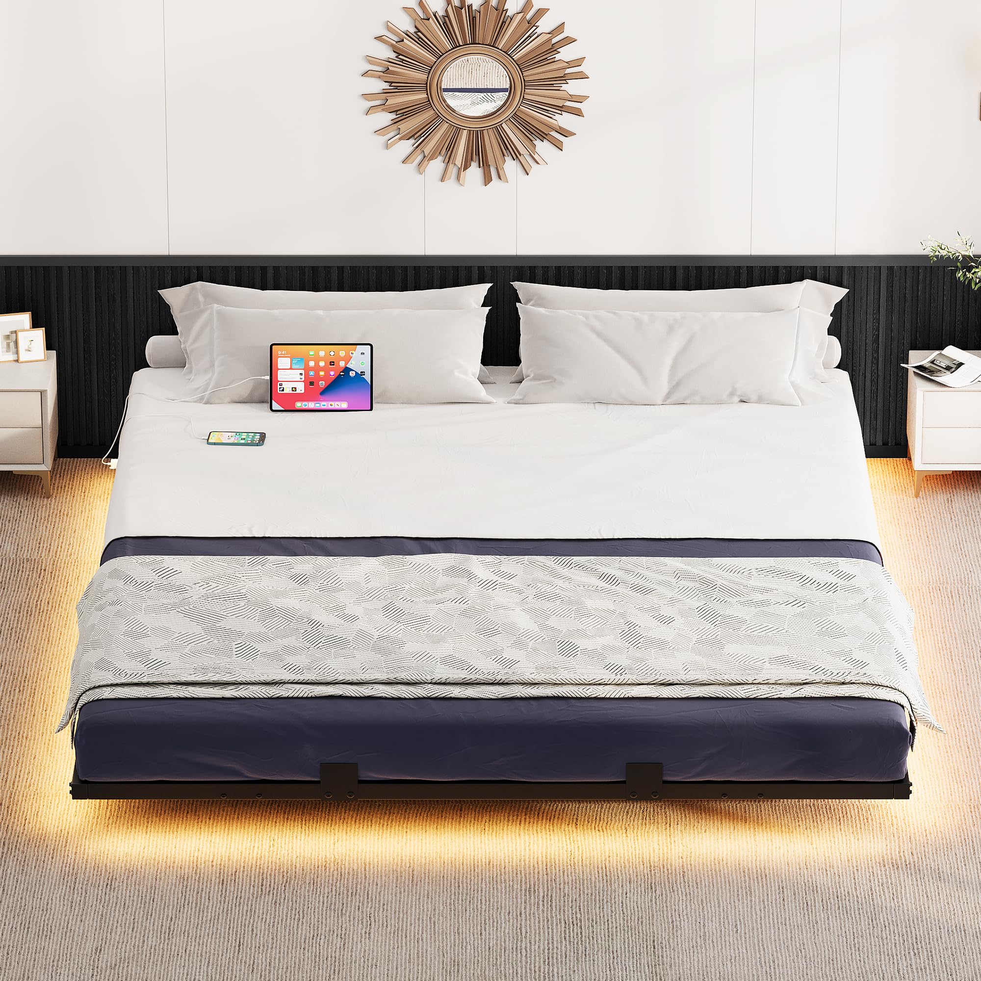 DWVO King Size Floating Bed Frame with Charging & LED Lights, King Metal Platform Bed with Sturdy Steel Slats, No Requirement for Box Spring, Simple Assembly, Black
