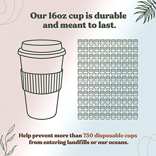 FEBU Plant-Based Reusable Coffee Cup with Lid and Sleeve | 16oz, Moon Black | Portable Travel Mug made from Bamboo | Dishwasher Safe, Compostable, Plastic Free with Leak-Proof Screw-on Lid